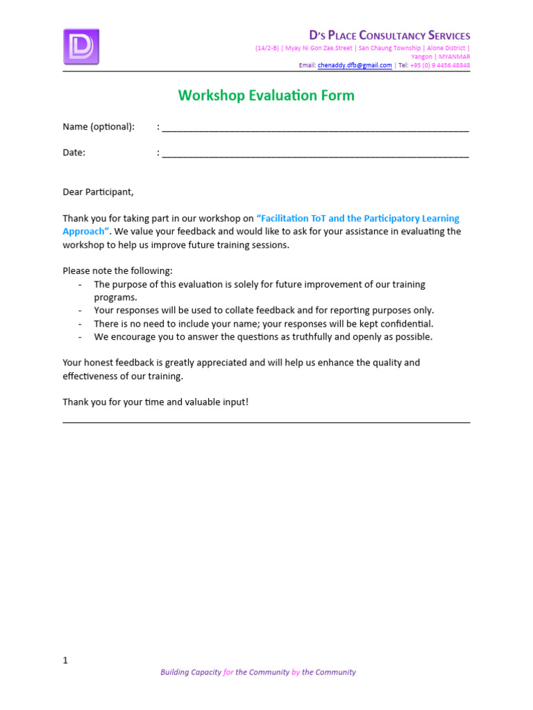 WS Design, Facilitation ToT and PLA Evaluation Form - Draft-2 | PDF ...