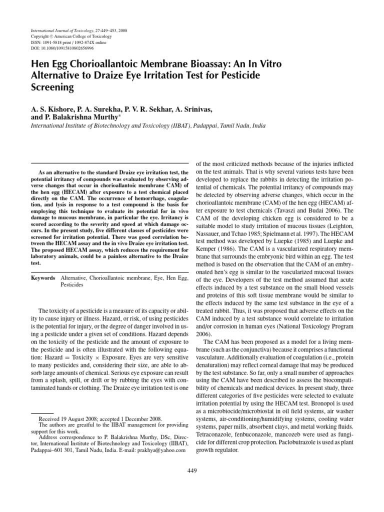 Kishore Et Al 2008 Hen Egg Chorioallantoic Membrane Bioassay An in Vitro Alternative To Draize ...