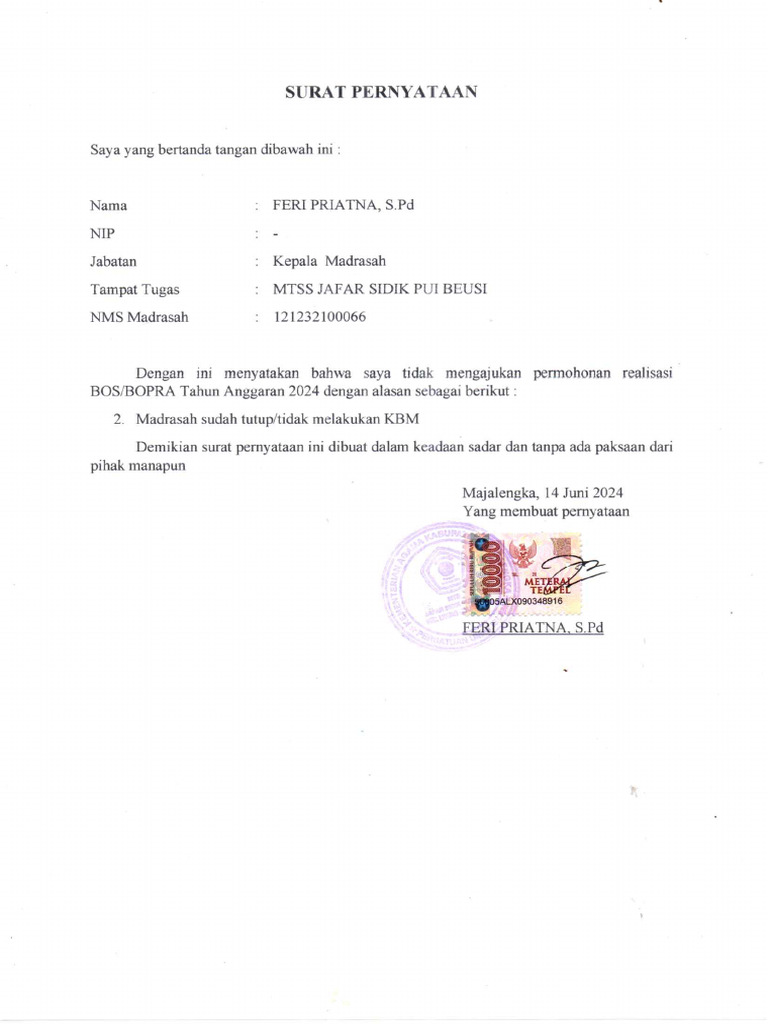 Surat Pernyataan MTs Jafar Sidik | PDF Surat Pernyataan MTs Jafar Sidik | PDF