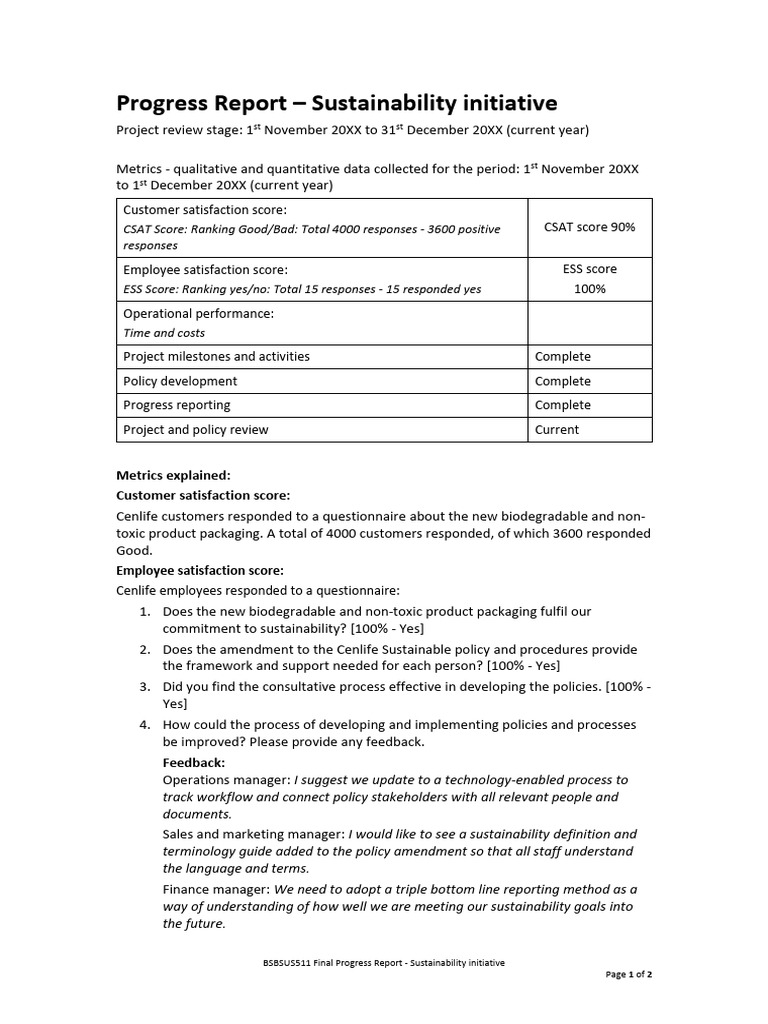 BSBSUS511 Final Progress Report - Sustainability Initiative | PDF ...