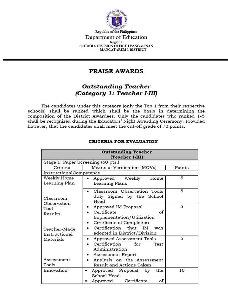 Mangatarem 1 Outstanding Teacher Awards | PDF | Learning | Teachers