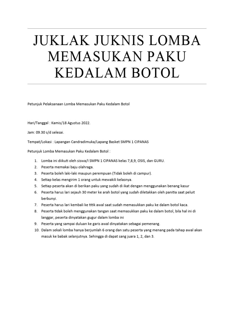 Juklak Juknis Lomba Memasukan Paku Kedalam Botol | PDF