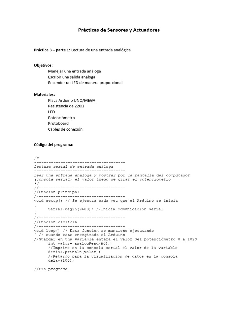 Sensores y Actuadores - Practica 3 (Entrada y Salida Analogica) | Descargar gratis PDF | Arduino ...