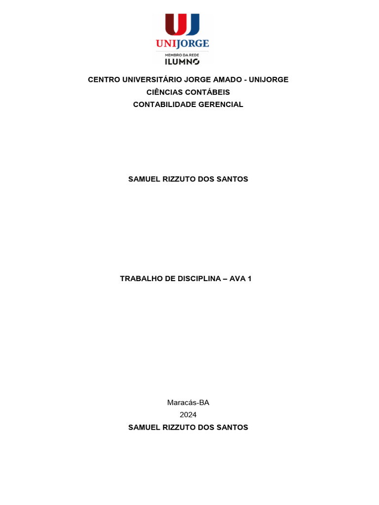 TD Do Quinto Semestre (Ava 1) - Contabilidade Gerencial (Samuel Rizzuto ...