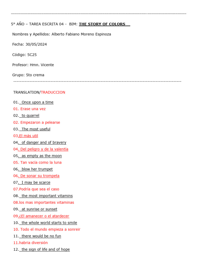 Separata 5° Año Tema 04 The Story of Colors Tarea Escrita | PDF