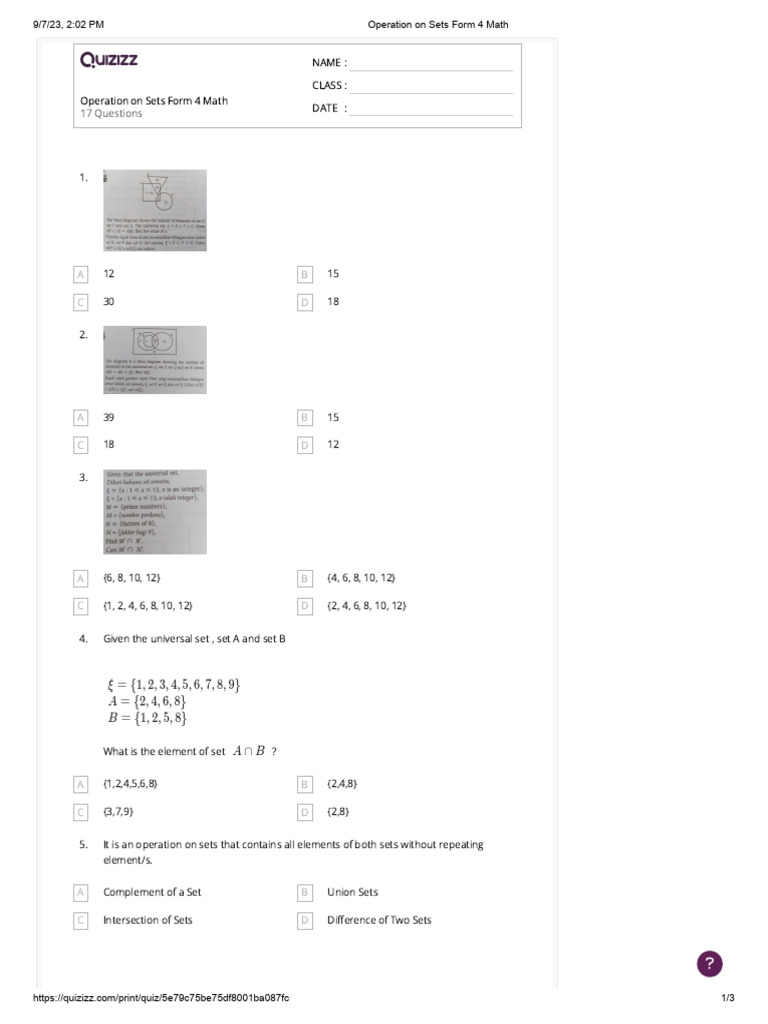 Form 4 Math: Operations on Sets Quiz | PDF | Mathematics | Arithmetic