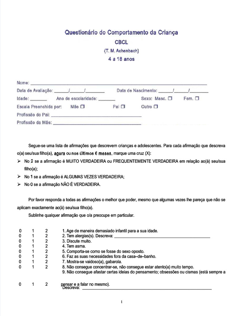 PDF CBCL Questionario - Compress | PDF | Autoajuda