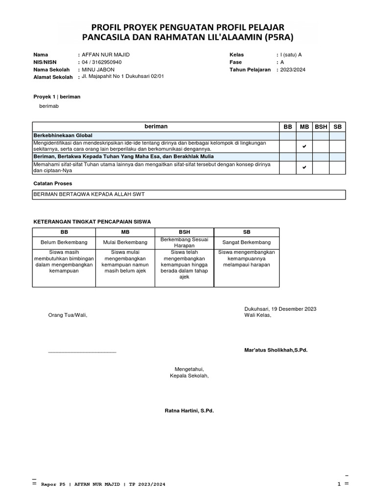 Rapor P5 - AFFAN NUR MAJID | PDF