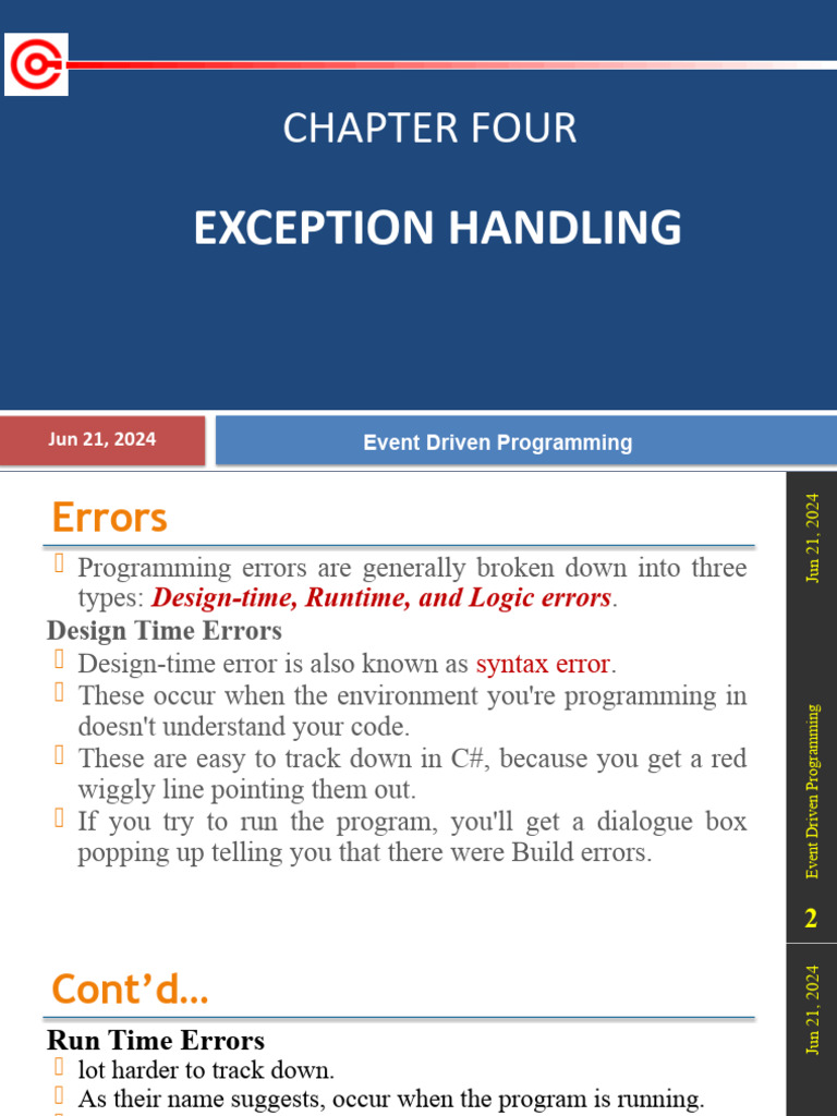 Chapter Four - Exception Handling | PDF | C Sharp (Programming Language) | Computer Programming