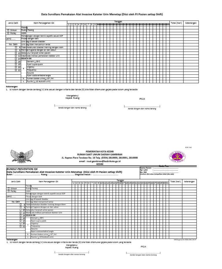 16d RM - Lembar Konfirmasi Kejadian Infeksi Saluran Kemih (ISK) Pemasangan Kateter (Lembar Depan ...