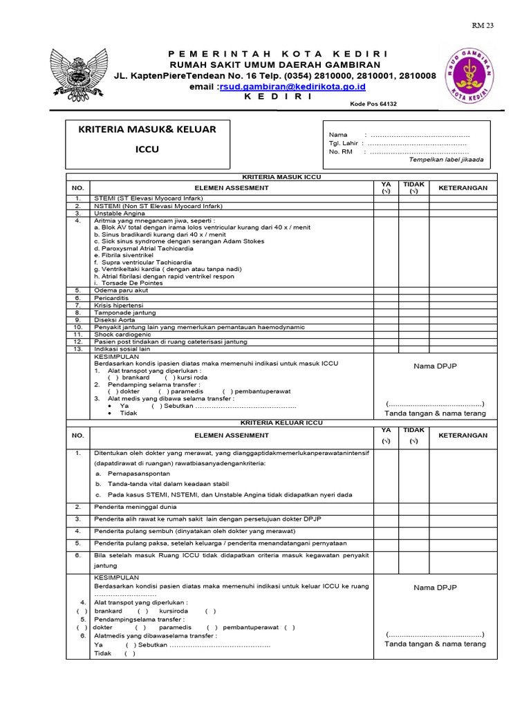 23 FROM KRITERIA MASUK & KELUAR ICCU New | PDF
