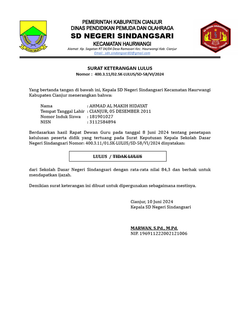 Surat Keterangan Lulus SD 2024 | PDF
