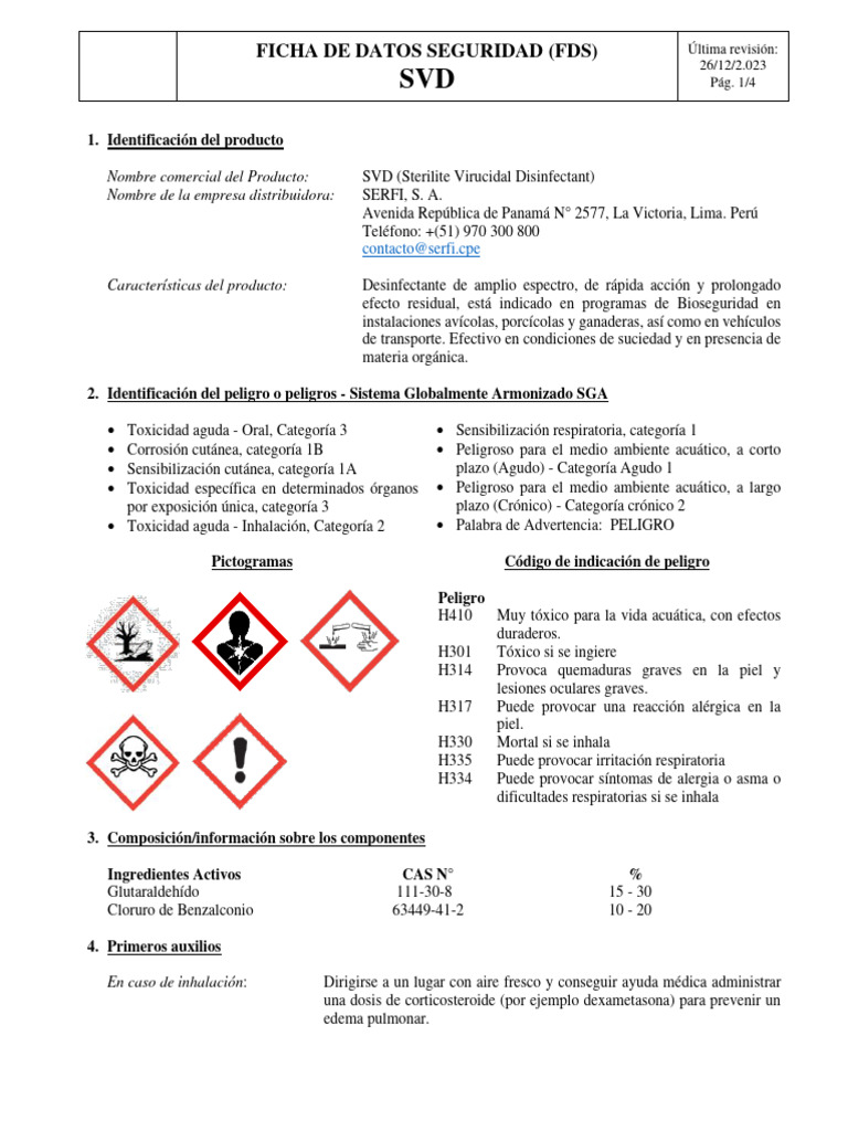 Ficha de Datos Seguridad (FDS) : Nombre Comercial Del Producto: Nombre de La Empresa ...