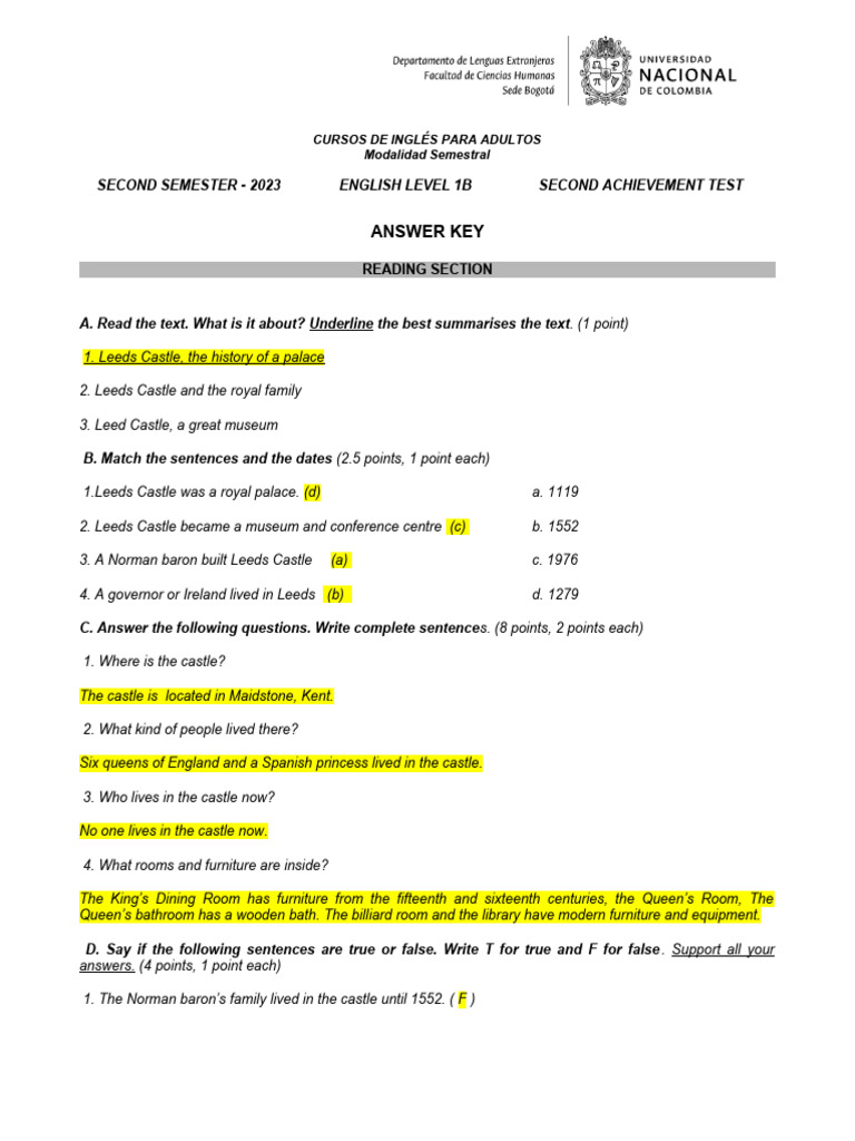 1B Second Achievement Test Answer Key | PDF | Mystery, Thriller & Crime ...