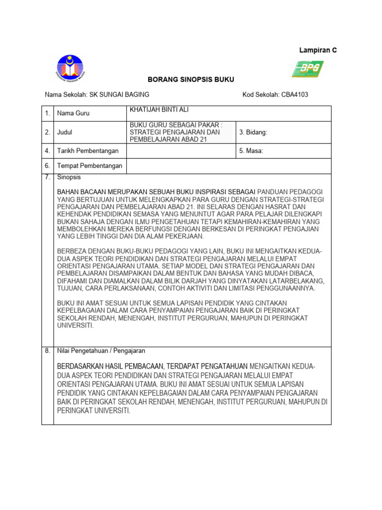 Borang Sinopsis Buku Guru Sebagai Pakar Pdf