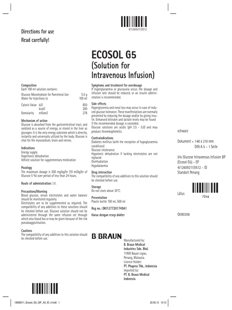 Ecosol G5: (Solution For Intravenous Infusion) | PDF | Glucose ...