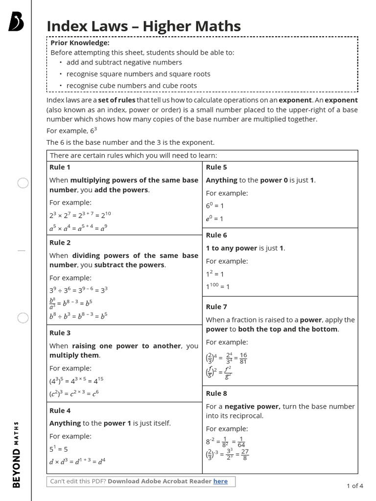 Index Laws - Higher Maths-Year 8 | PDF | Numbers | Arithmetic