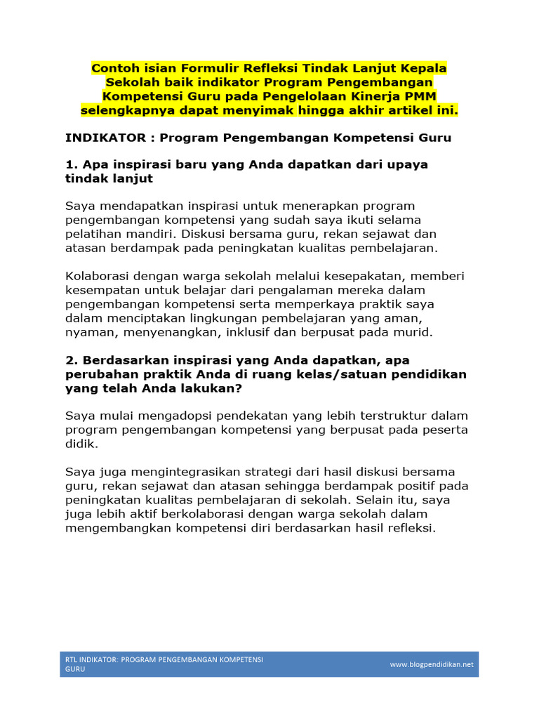 Contoh Isian Dokumen Refleksi Tindak Lanjut Observasi Kinerja Kepala Sekolah Indikator Program ...