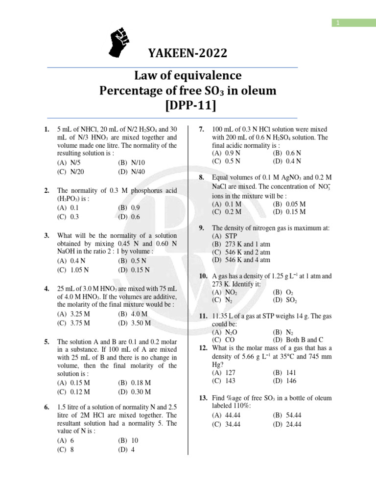 Some Basic Concept of Chemistry - DPP-11 | PDF | Molar Concentration | Acid