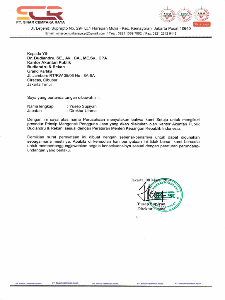 Surat Balasan PMPJ Pt. Sinar Cempaka Raya | PDF