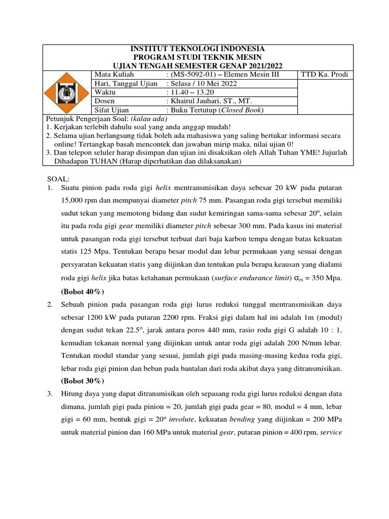 Ujian Elemen Mesin III ITI 2022 | PDF | Teknologi & Rekayasa