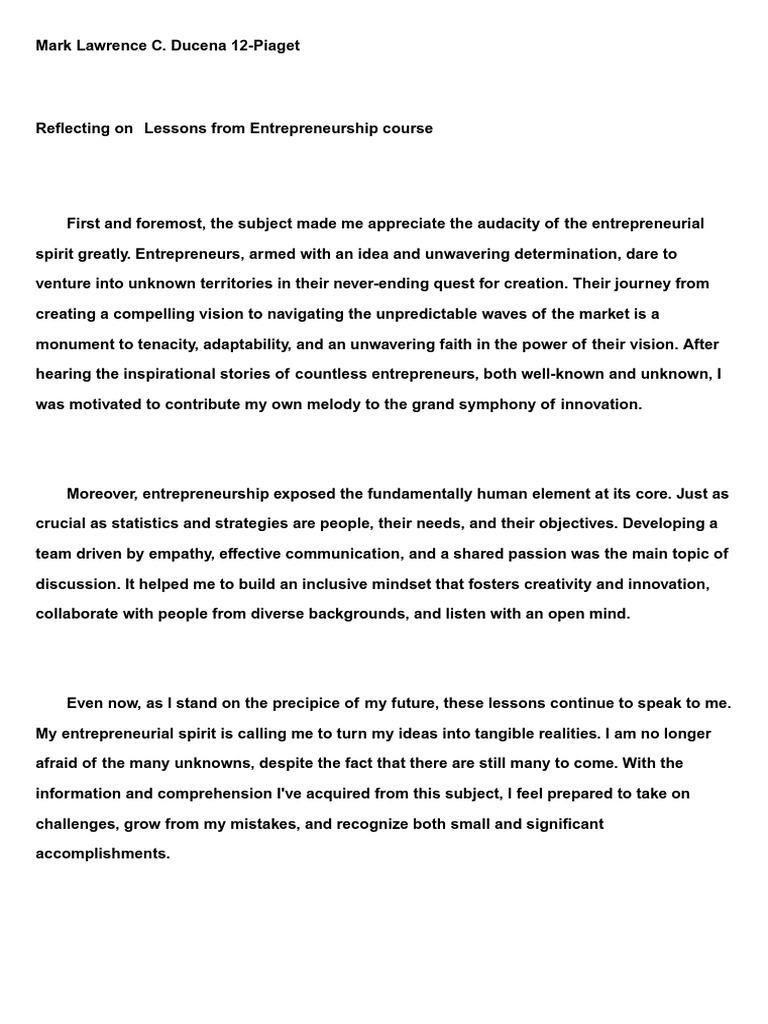 Reflection Paper On Entrep | PDF