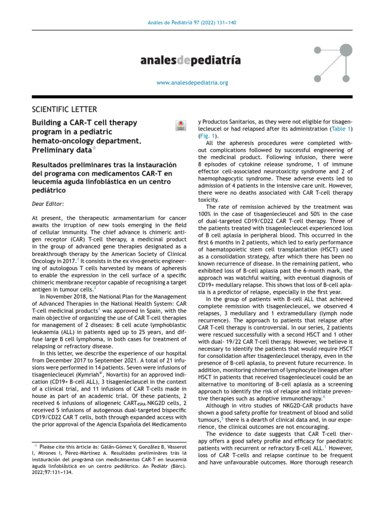 Building A CAR T Cell Therapy Program in A Pediatri - 2022 - Anales de ...