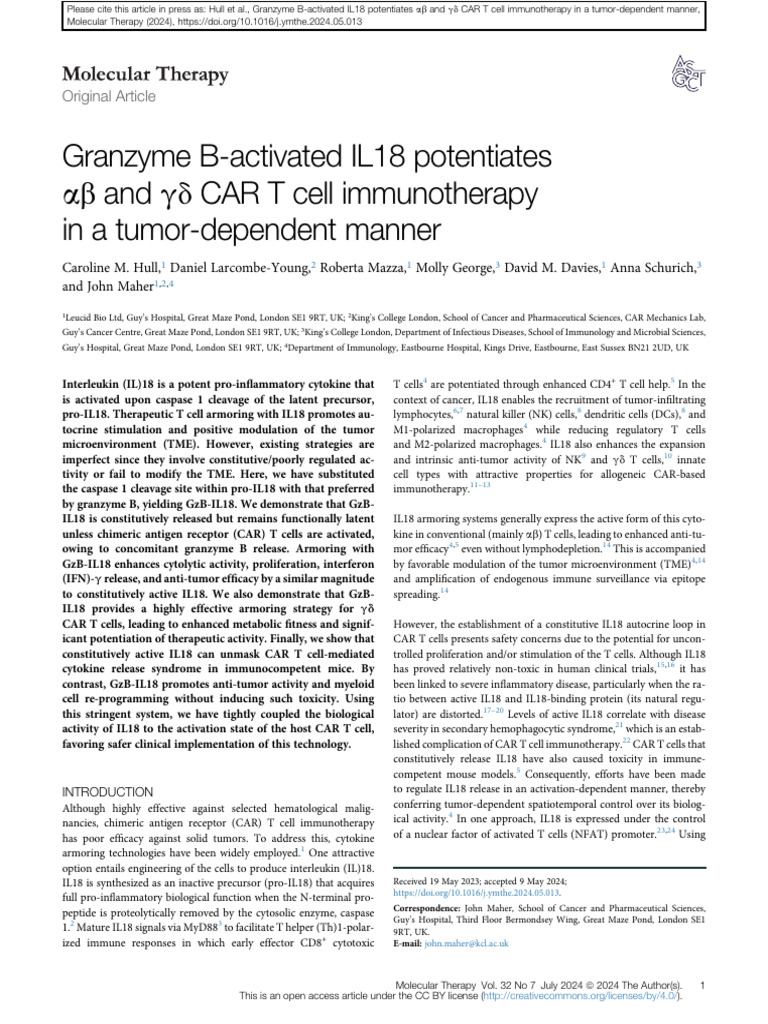 Granzyme B Activated IL18 Potentiates and CAR T Cell I 2024 Molecular ...