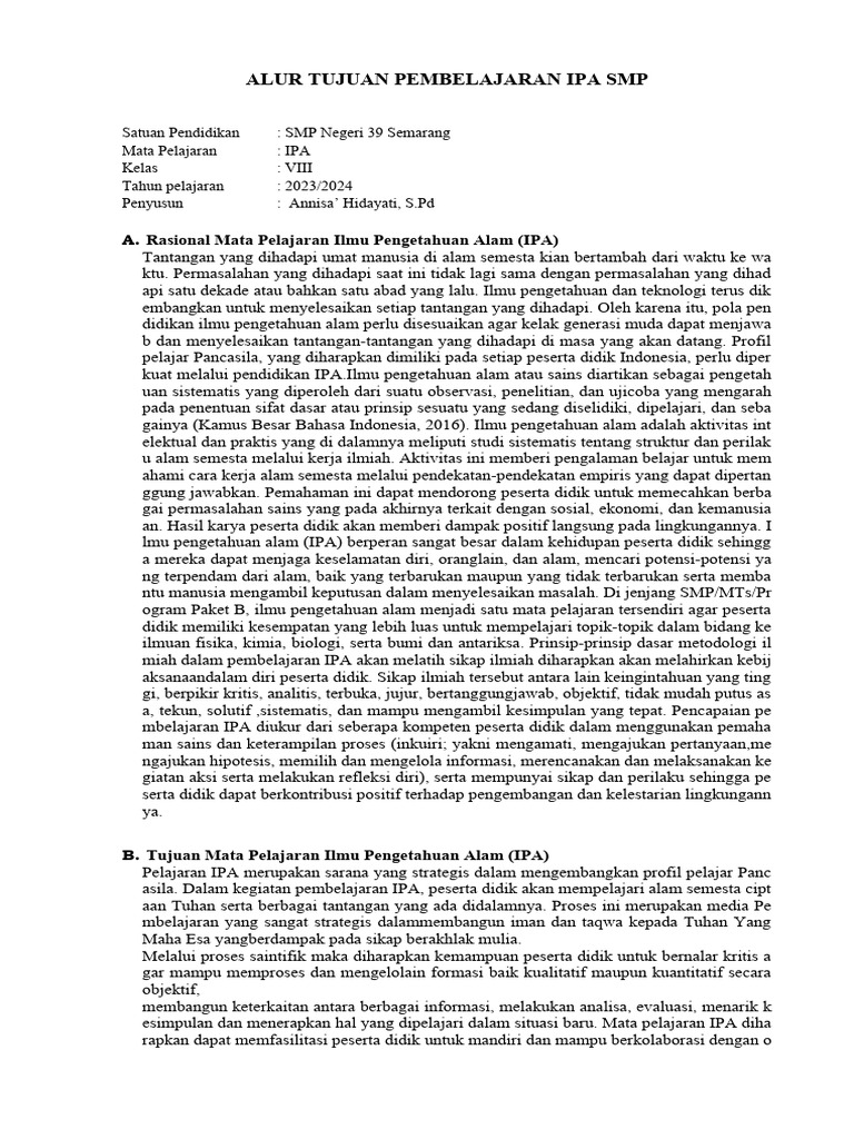 Tujuan Pembelajaran IPA SMP 39 | PDF