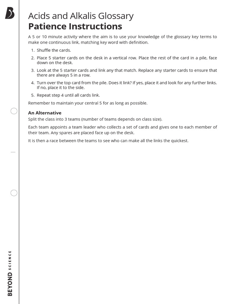 T3 SC 410 Acids and Alkalis Patience Glossary Activity - Ver - 1 | PDF | Acid | Ph
