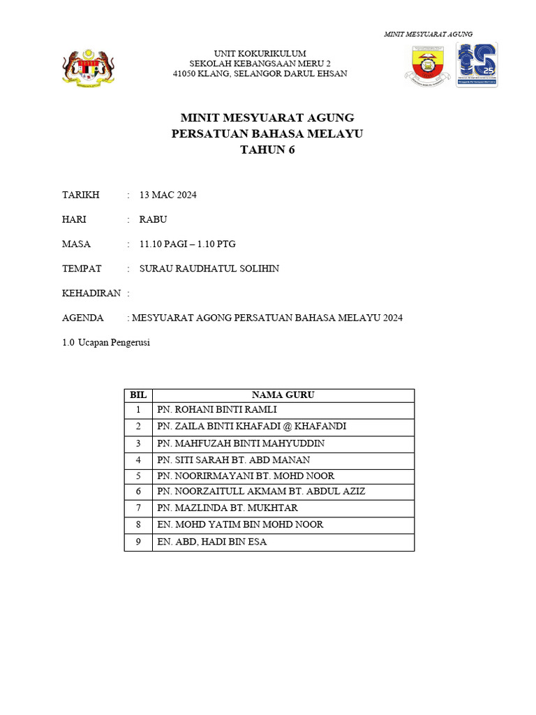 Minit Mesyuarat Agung 2024 (Tahun 6) | PDF