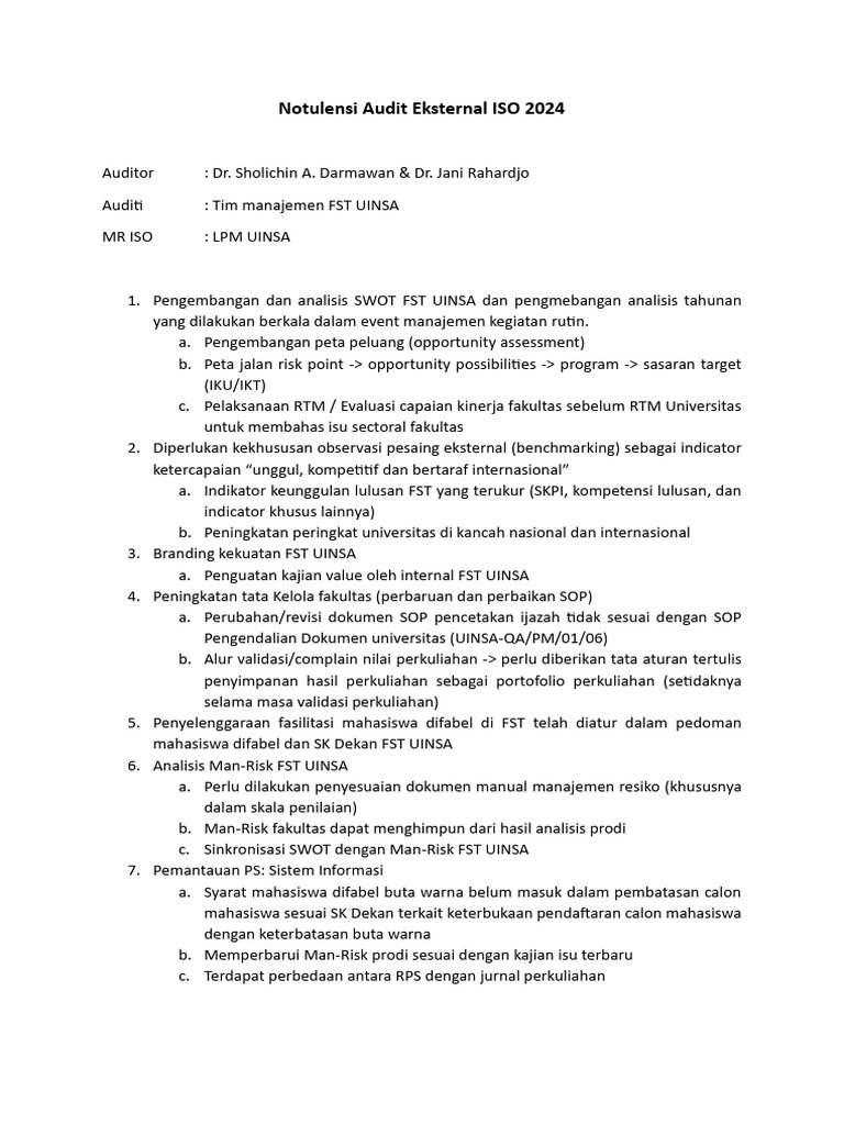 Notulensi Audit Eksternal ISO 2024 | PDF | Teknologi & Rekayasa