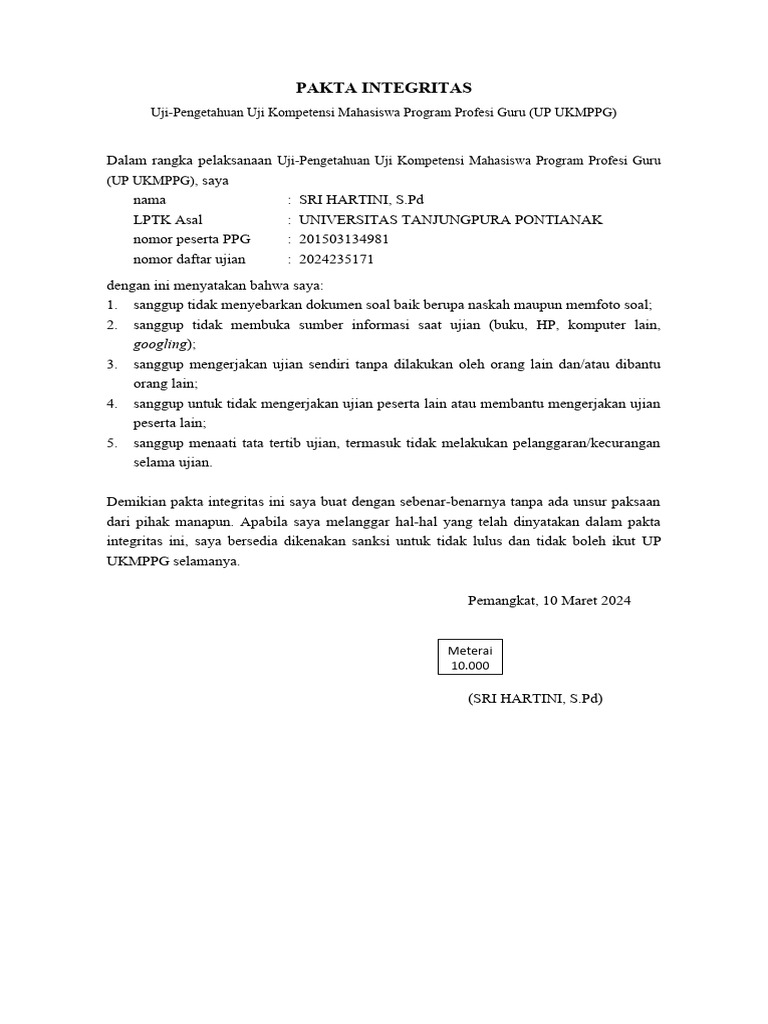 Pakta Integritas UP UKMPPG | PDF