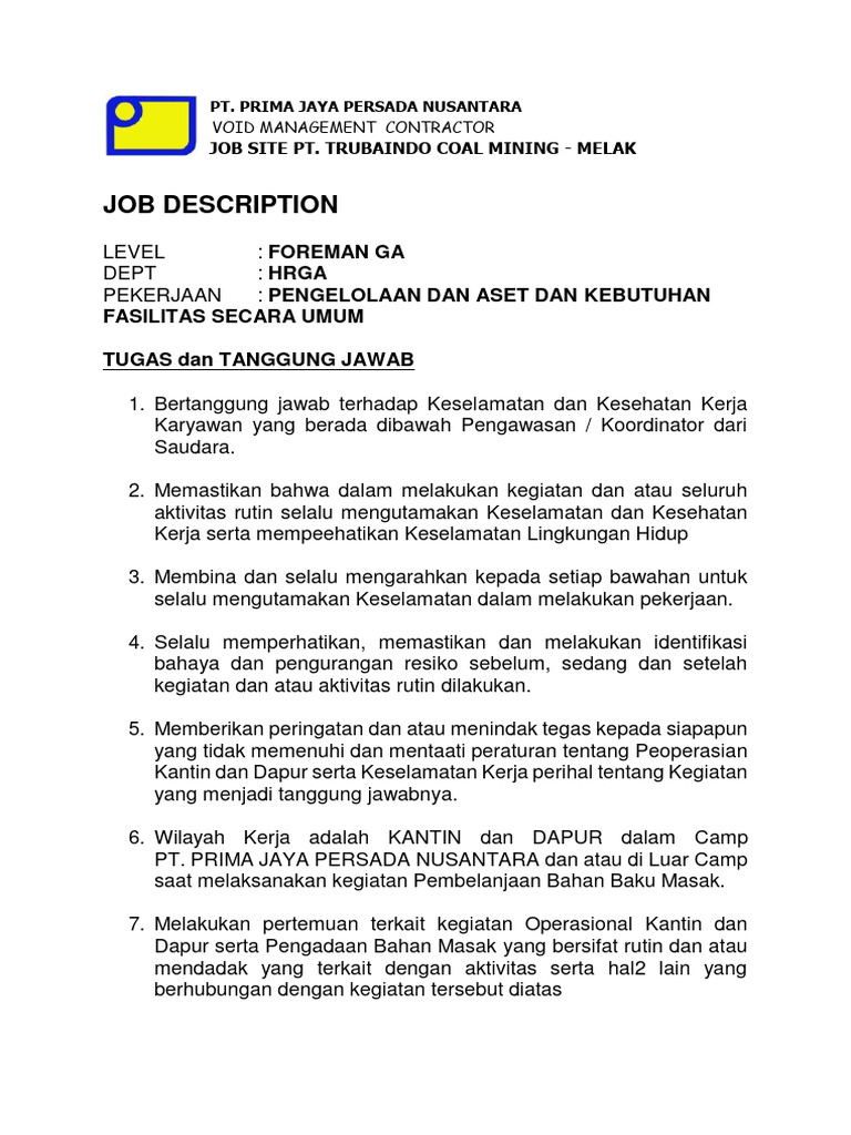 Tugas dan Tanggung Jawab Foreman GA | PDF | Karier & Perkembangan ...
