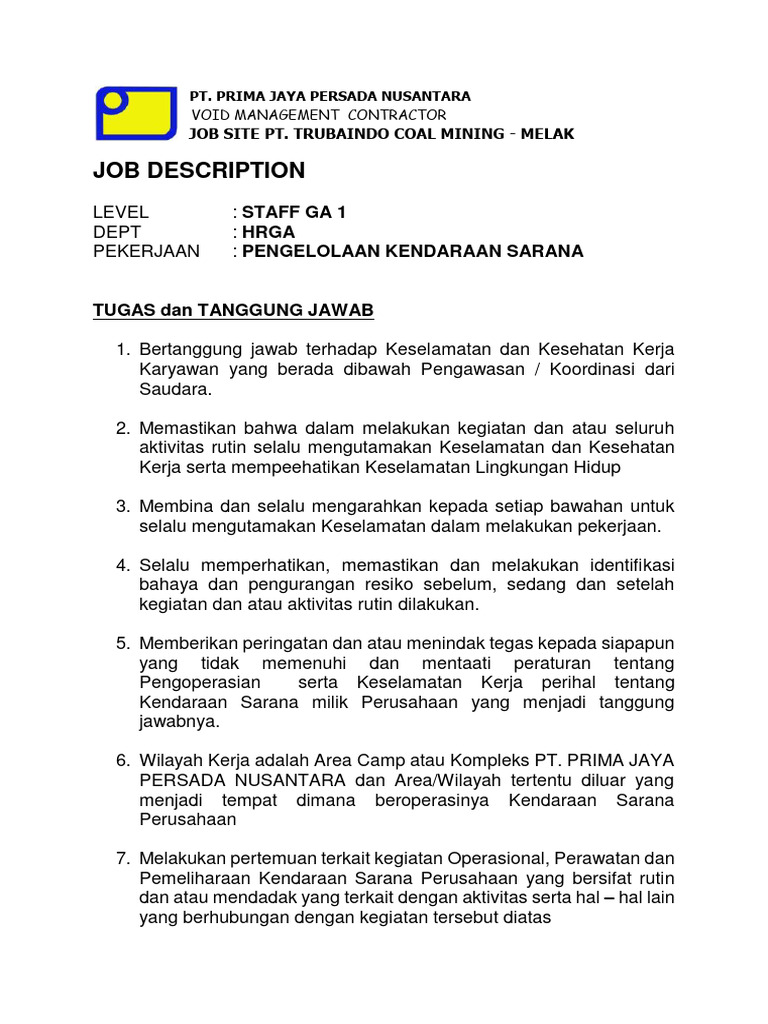Tanggung Jawab Staff GA di PT. Prima Jaya | PDF | Bisnis | Teknologi ...