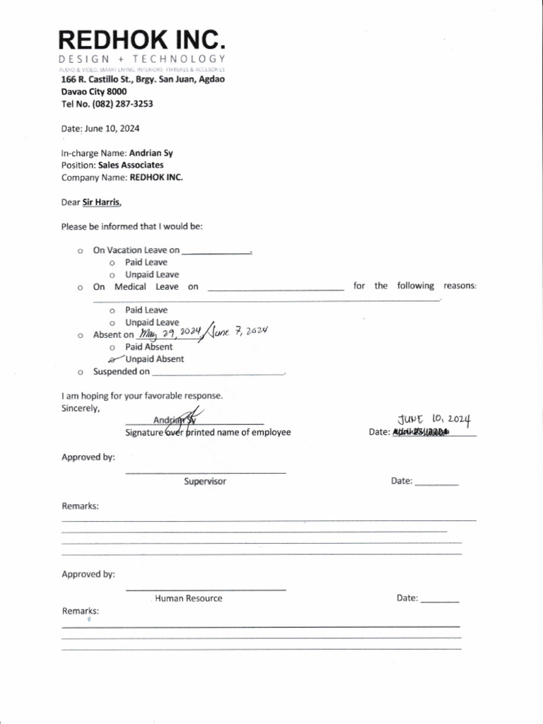 ANDRIAN LEAVE FORM Without PAY | PDF