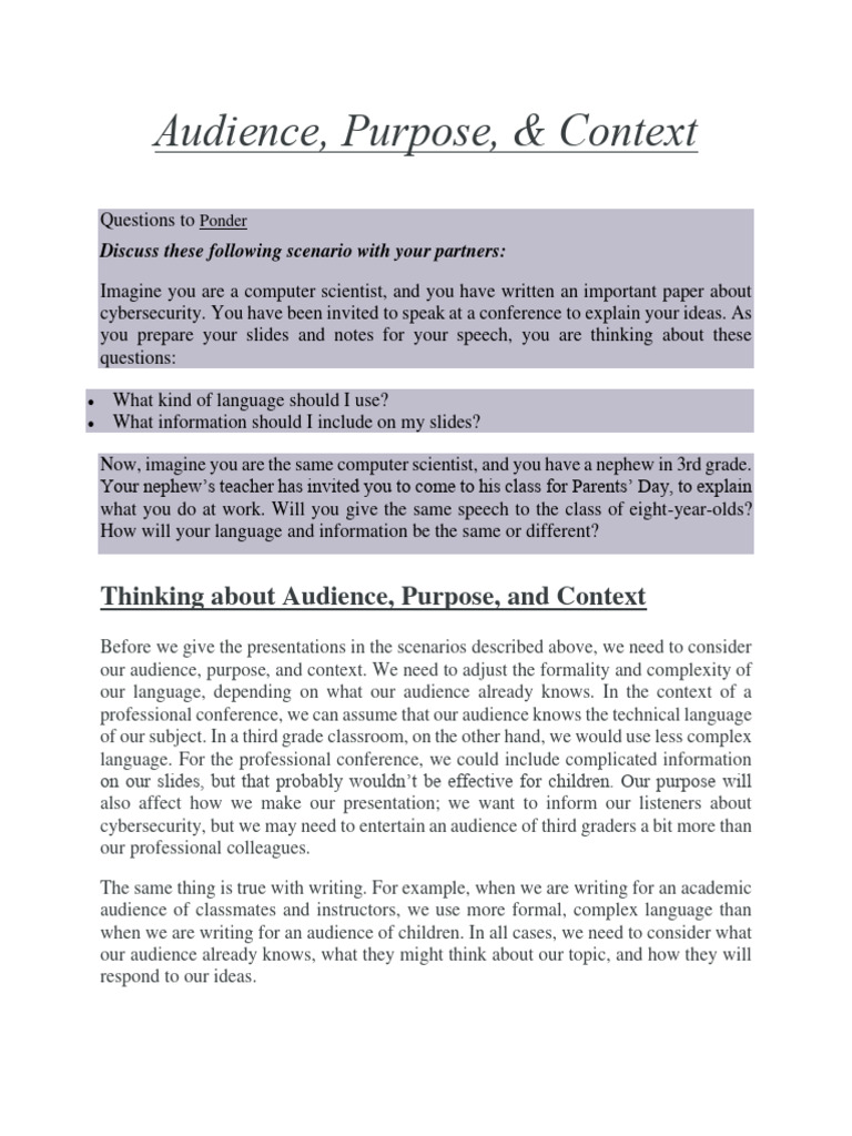Purpose, Audience & Context | PDF | Audience | Essays