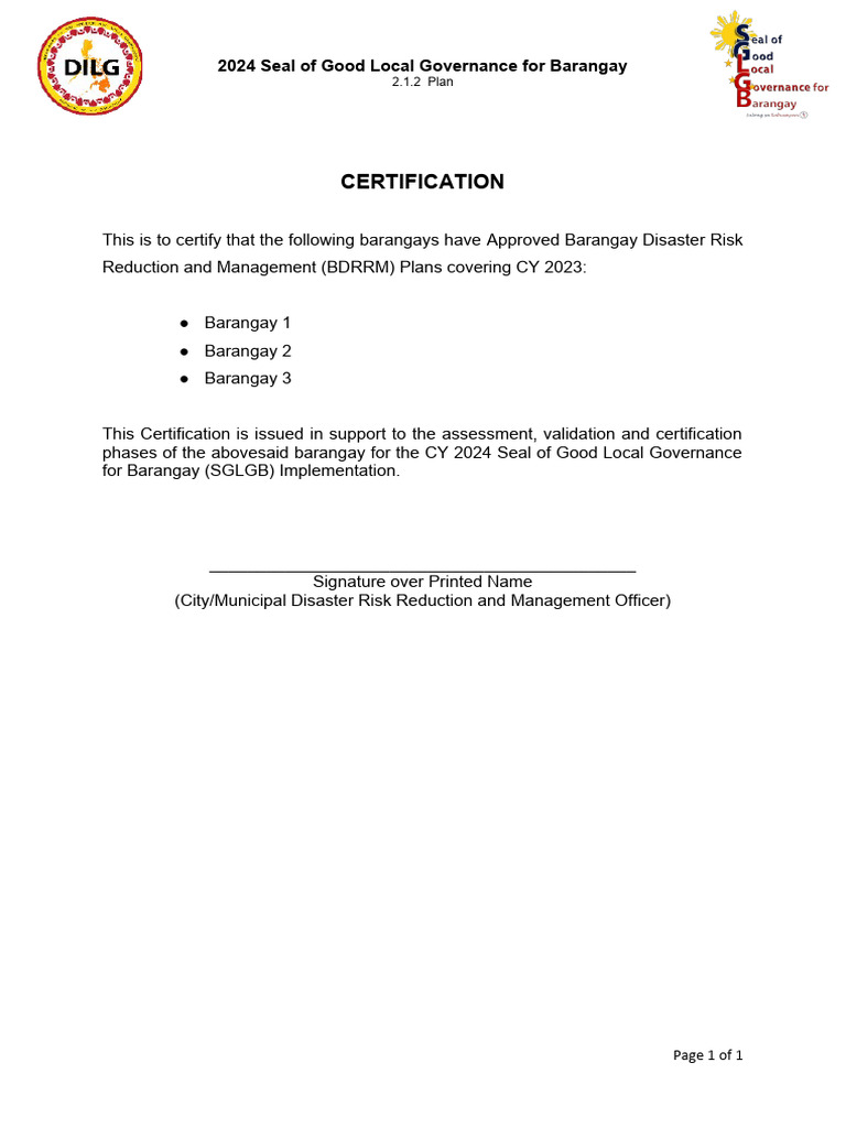 BDRRM Certification for SGLGB 2024 | PDF