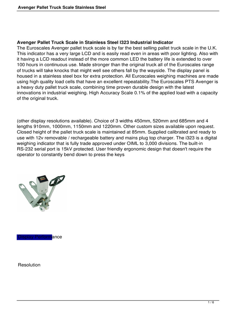Avenger Pallet Truck Scale Stainless | PDF | Pallet | Truck