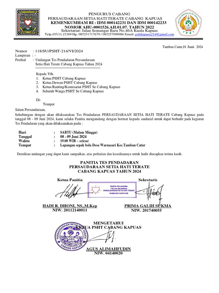 Undangan Tes Pendadaran PSHT Kapuas 2024 | PDF