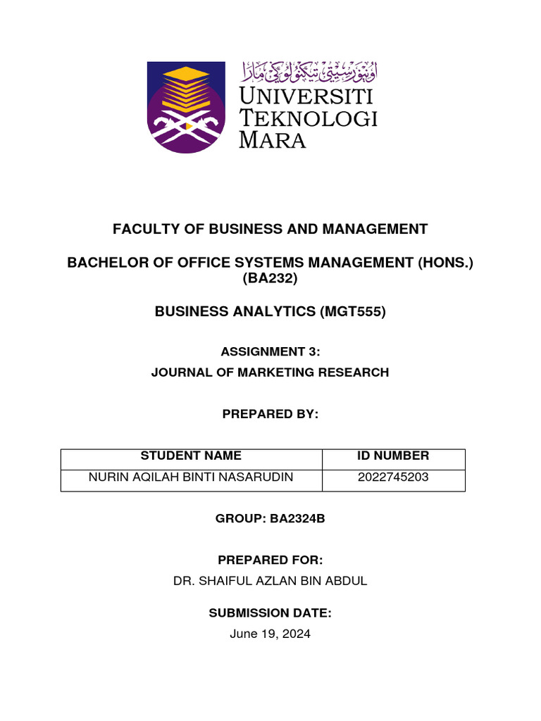 Assignment 3 MGT555 Nurin Aqilah BT Nasarudin | PDF | Taxes | Marketing