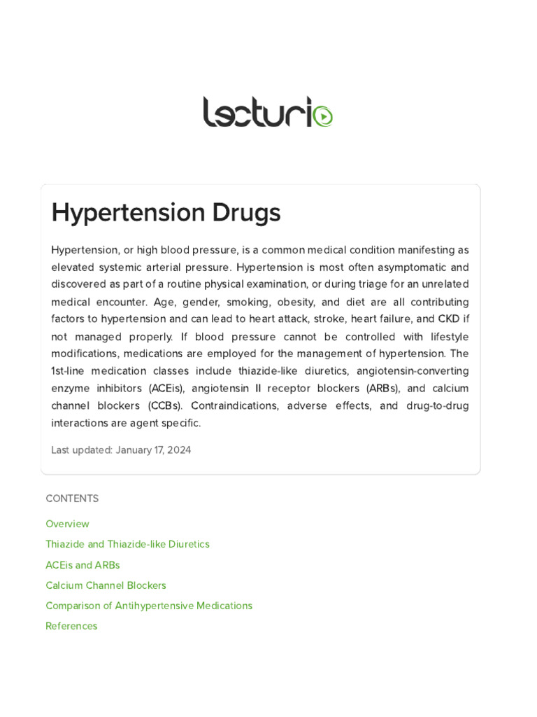 Hypertension Medication Overview Guide | PDF | Hypertension | Medical ...