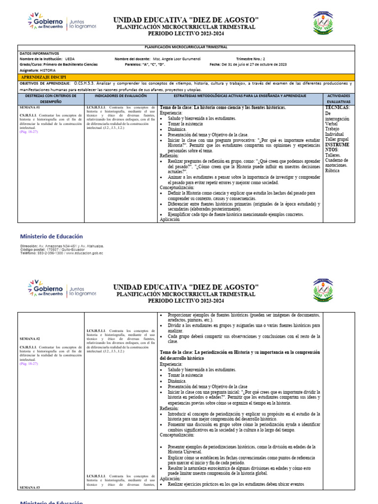 Planificación Microcurricular 1ero Historia 2do Trimestre Pdf