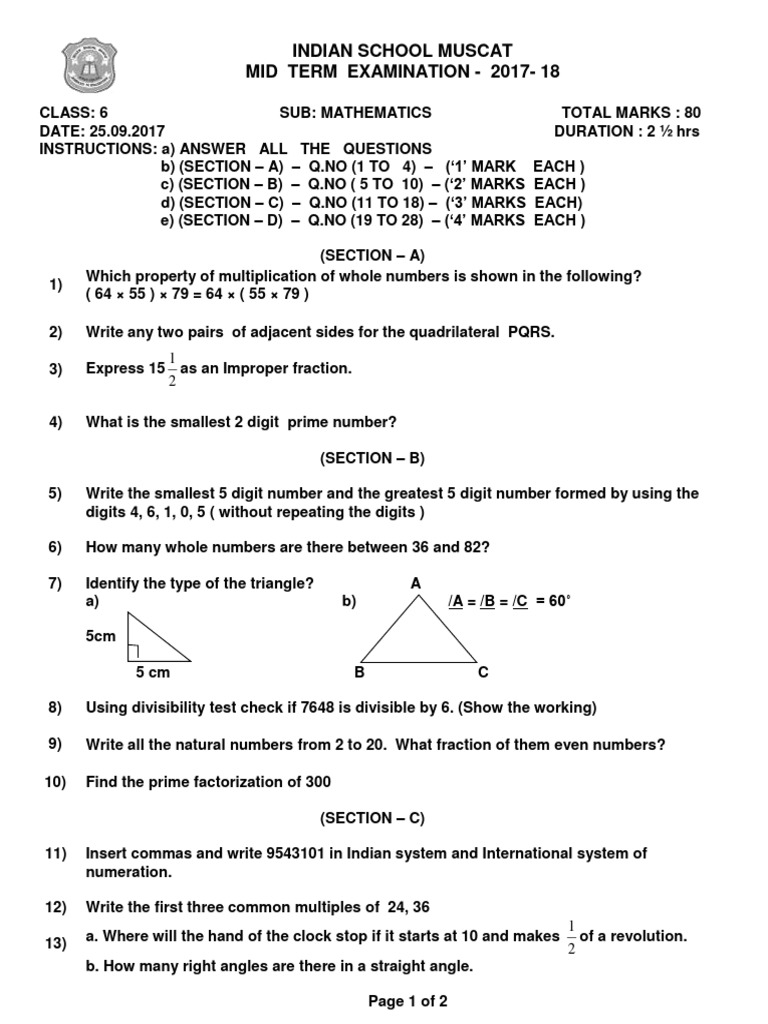 Class 6 - Mathematics - 2017 - 18 | PDF | Numbers | Line (Geometry)