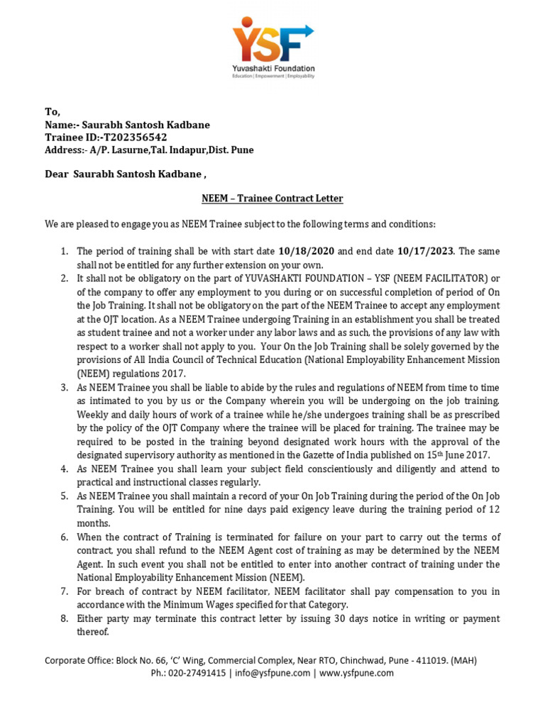 NEEM Trainee Contract Agreement | PDF | Labour Law | Employment