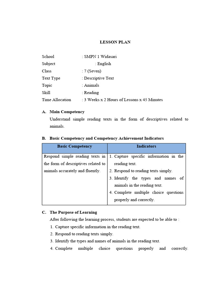 Maspuah-RPP Descriptive Text About Animals (OK3-UPDATE) | PDF ...
