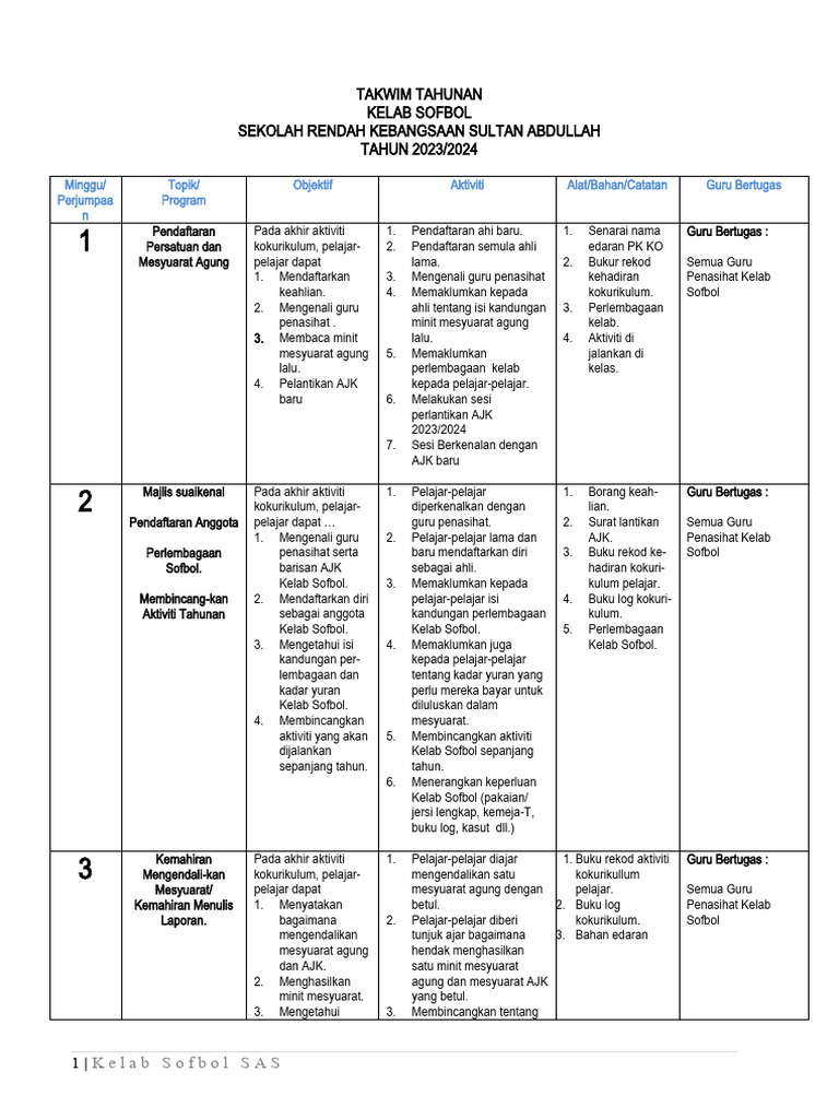 Takwim Kelab Sofbol SAS2023 | PDF