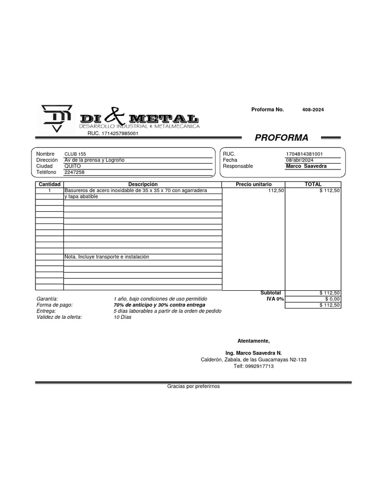 Proforma Basureros Inoxidable Quito | PDF