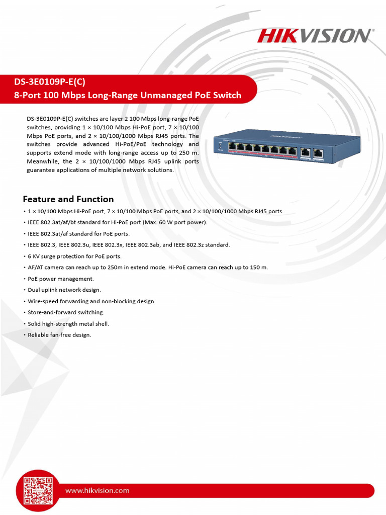 Datasheet of DS-3E0109P-EC 8-Port 100 Mbps Long-Range Unmanaged PoE Switch | PDF | Network ...