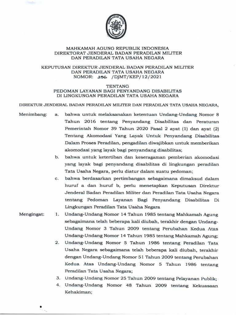 SK 256 Pedoman Layanan Bagi Penyandang Disabilitas Di Peradilan TUN | PDF